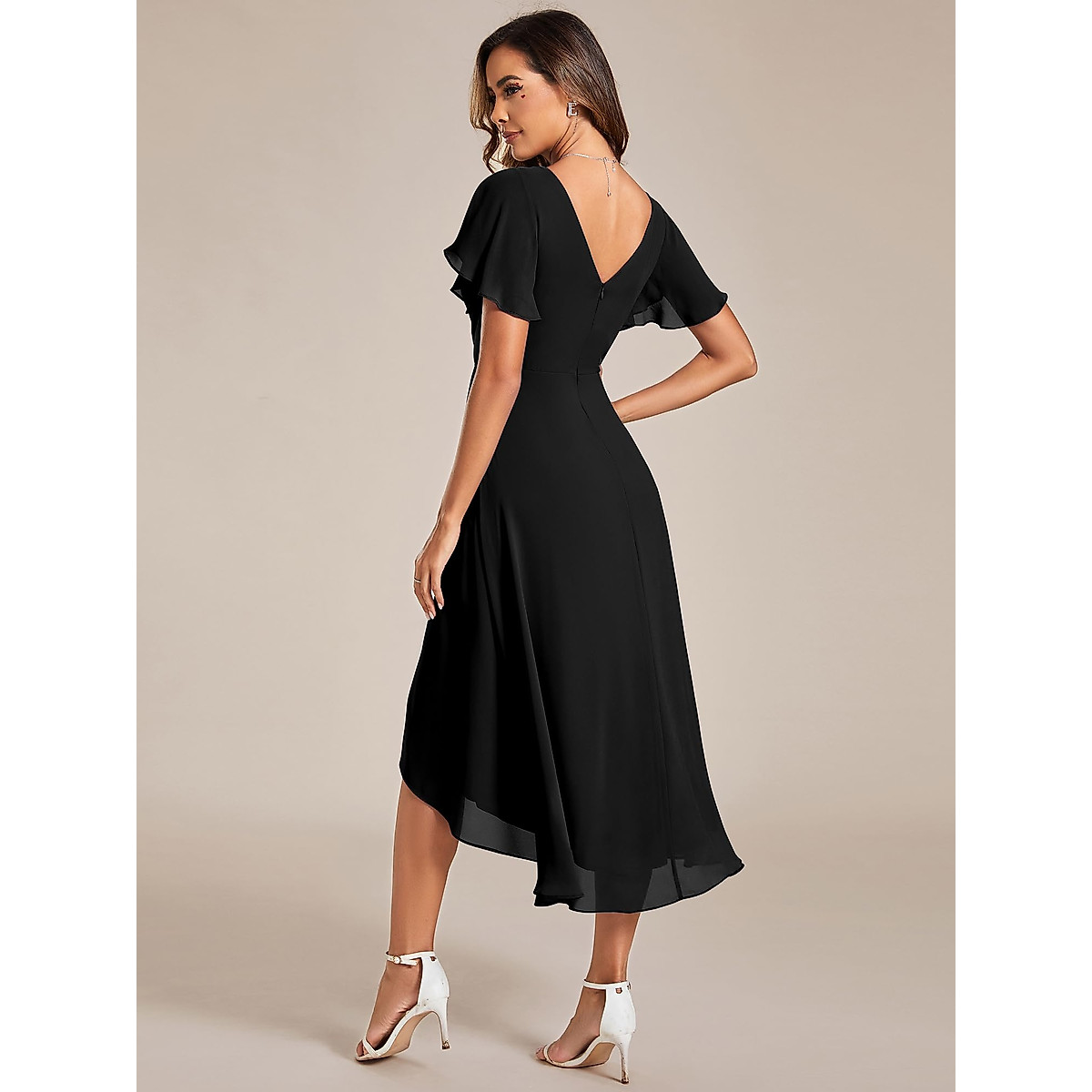 Ever-Pretty Women's Chiffon V-Neck Short Wedding Guest Dress with Ruffled Sleeves Black US12