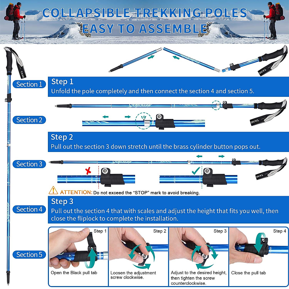 Esup Trekking Poles for Hiking Collapsible Aluminum Alloy 7075 Hiking Poles 2pc Pack Adjustable Quick Lock for Camping, Hiking, Outdoor(Blue)