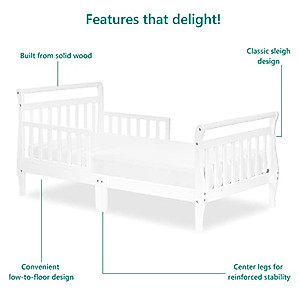 Dream On Me Classic Sleigh Toddler Bed in White, JPMA Certified, Comes with Safety Rails, Non-Toxic Finishes, Low to Floor Design, Wooden Nursery Furniture