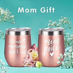 GINGPROUS Mom Gifts, 2 Pack Mom Juice&Because Mommin Ain’t Easy Wine Tumbler, Mother’s Day Birthday Christmas Gifts for Mother Mom Mama Mommy, 12oz Stainless Steel Insulated Wine Tumbler, Rose Gold