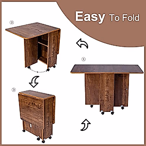 EazeHome Folding Table, Wood Kitchen Table, Versatile Dining Table with 2 Storage Shelves, Movable Dinner Table with 6 Casters, Drop Leaf Table for Small Spaces, Brown Foldable Table for 2-4 Persons