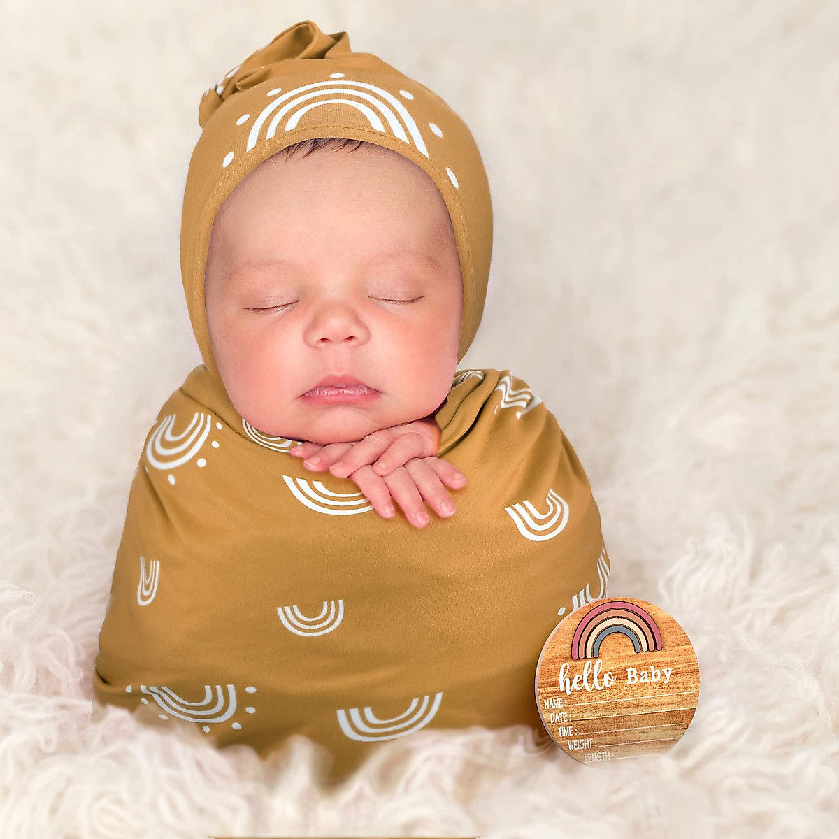 4 Pieces Light Yellow Rainbow Baby Swaddle Set Muslin Baby Swaddle Blanket Matching Hat Bow Headband Wooden Birth Announcement Card for Hospital Newborn Boy Girl 0-3 Months Receiving (40 x 40 Inch)