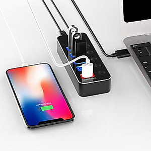 Powered USB Hub, atolla Aluminum 5-Port USB 3.0 Hub with 4 USB 3.0 Data Ports and 1 USB Smart Charging Port, USB Splitter with 5V/3A Power Adapter and Individual Switches