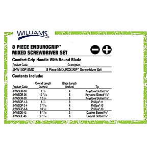 Williams 8-Piece Endurogrip Multi-Size Screwdriver Set, Keystone Slots Hex Bolster & Phillips, Comfort Grip Prevents Slippage, Extra Strength Steel Chrome Blades