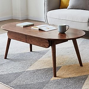 Vadisun Modern 100% FAS Oak Coffee Table - Unique Coffee Table & Space-Saving Wooden Coffee Table Easy Assembly (Walnut color with drawers)