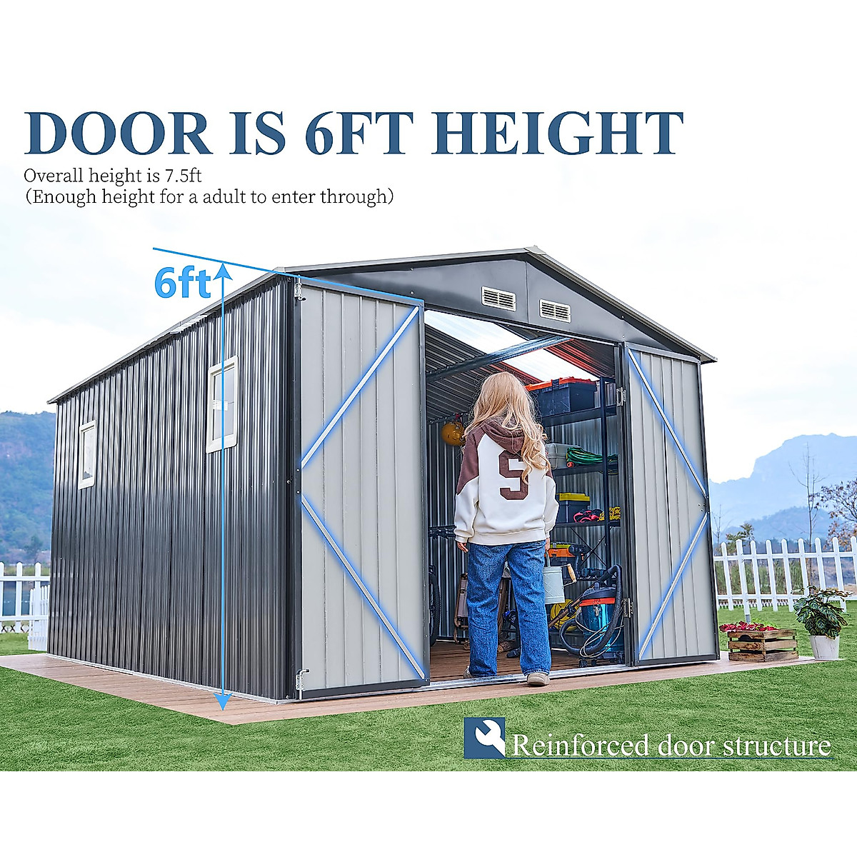 VanAcc 10x12x7.5 FT Outdoor Storage Shed, Metal shed with 2 Clear Panels Hinged Double Doors 4 Vents, Outdoor Shed for Backyard, Garden, Patio, Dark Grey/White