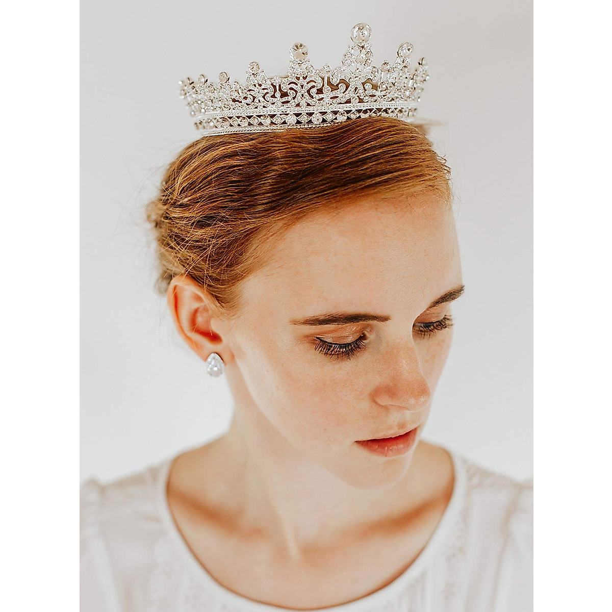 SWEETV Full Round Tiaras and Crowns for Women, Wedding Tiara for Bride, Crystal Queen Crown for Pageant Birthday Party Cake Topper, Silver