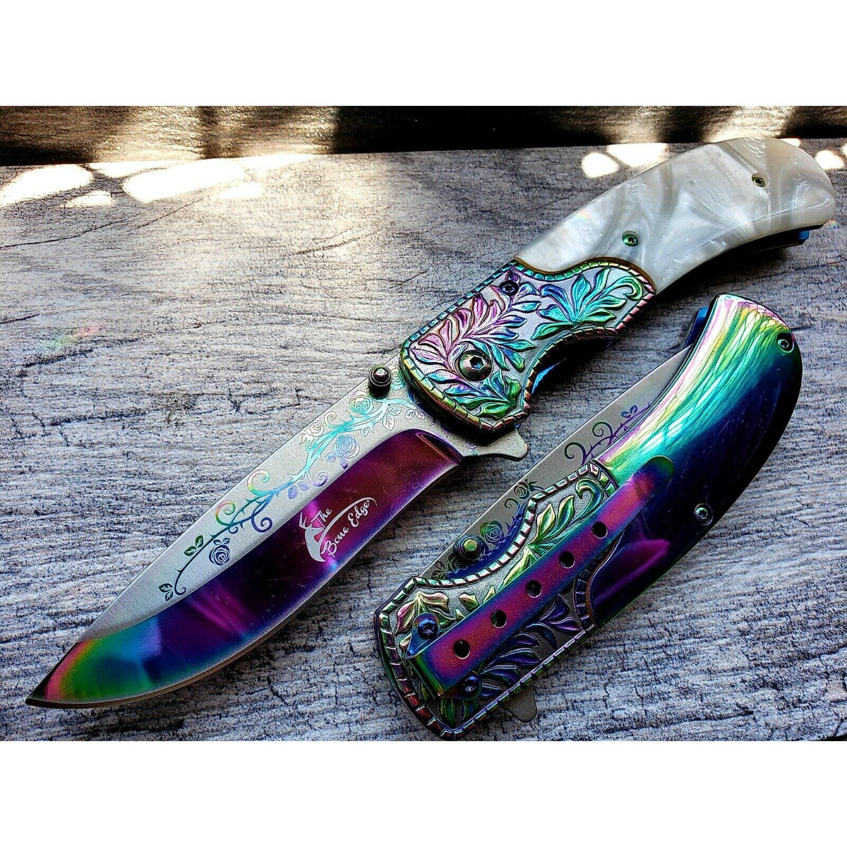 masterdish Marble HANDLE Cowboy Folding Blade Pocket Knife Rainbow Blade 3cr13 Steel Overall Length 8.5 inch (cvrt-1-2)