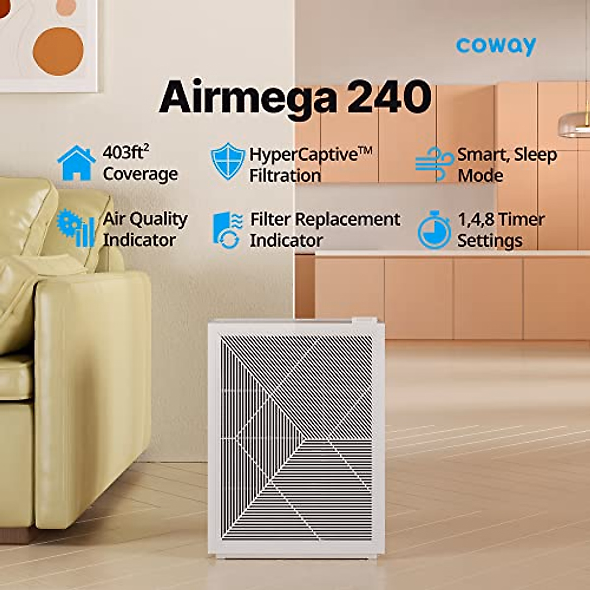 Coway Airmega 240 True HEPA Air Purifier with Air Quality Monitoring, Auto, and Filter Indicator, Dove White