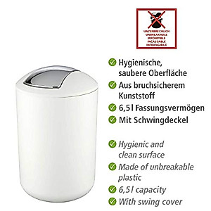 WENKO 21207100, Garbage Bin with Swing Lid, Bathroom Trash Can, Waste Basket for Small Spaces, Bedroom, Office, Guest Toilet,1.7 gal, White, 7.68 x 7.68 x 12.2 in, 19.5 x 19.5 x 31 cm