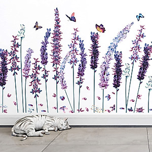 RW-1028 3D Flowers Wall Decals Purple Lavender Wall Stickers Flower Plant Butterfly Decoration DIY Removable Garden Lavender Floral Wall Art Decor for Kids Girls Bedroom Living Room Nursery Office