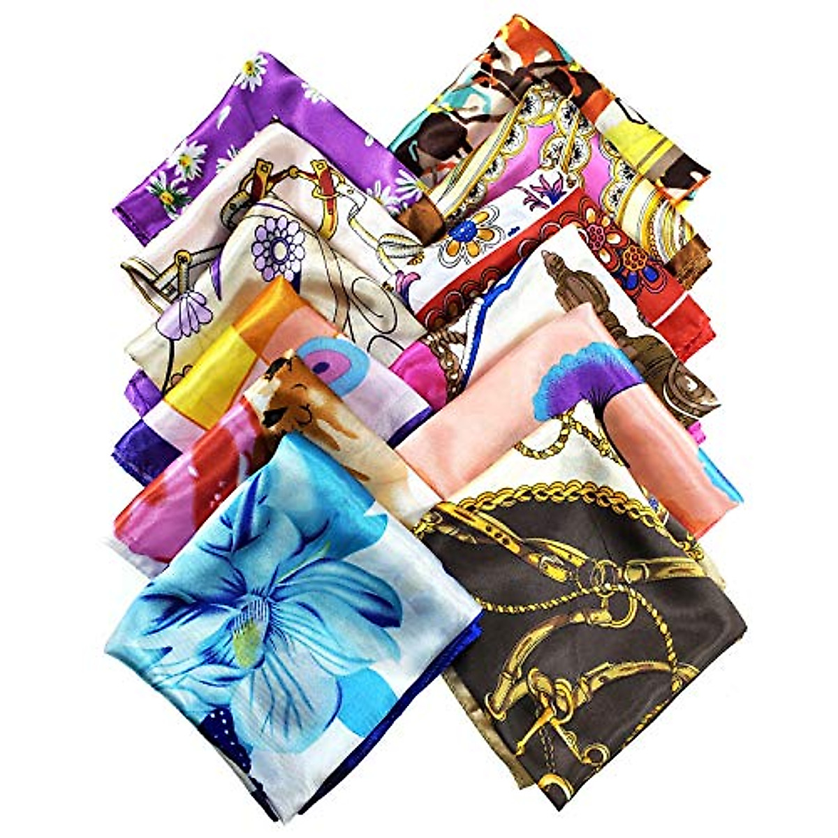 LilMents 12 Mixed Designs Small Square Satin Womens Neck Head Scarf Scarves Bundle Lot Set (Set I)