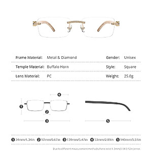 HEPIDEM 100% Really Buffalo Horn Handmade Glasses Rimless Diamonds Eyeglasses 0015 (Diamond White, 53)