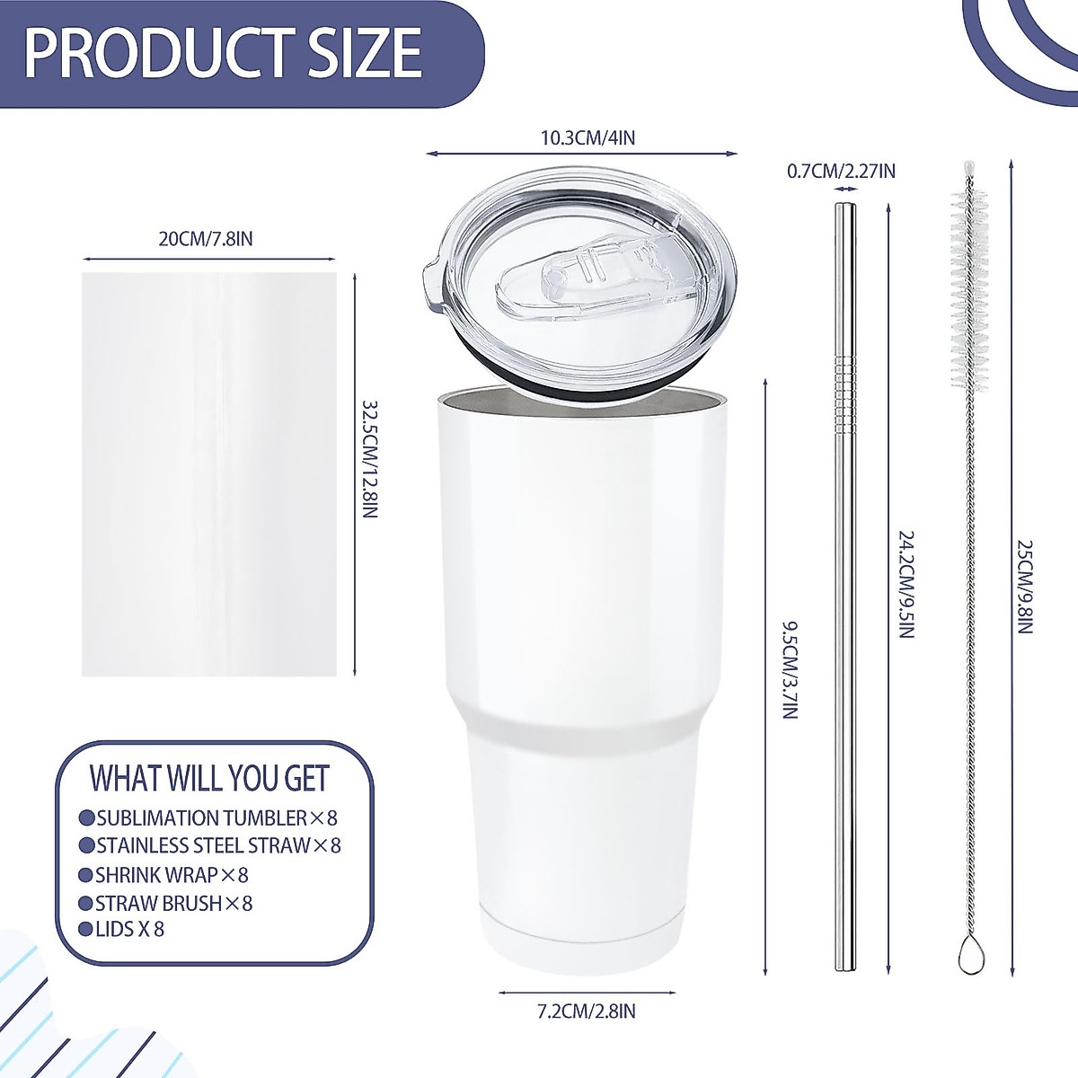 YOUKE OLA 10 Pack Sublimation Tumbler Blank Bulk Stainless Steel Double Wall Vacuum Insulated Coffee Travel Tumbler Car Cups with Shrink Wrap & Straws, White 30oz