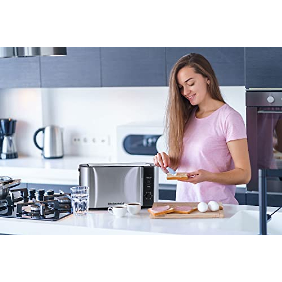 Elite Gourmet ECT-3100# Long Slot 4 Slice Toaster, Reheat, 6 Toast Settings, Defrost, Cancel Functions, Built-in Warming Rack, Extra Wide Slots for Bagels Waffles, Stainless Steel & Black