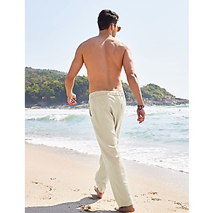 COOFANDY Men's Linen Beach Pants Loose Fit Drawstring Casual Pants Lightweight Baggy Cotton Trousers, Beige, X-Large