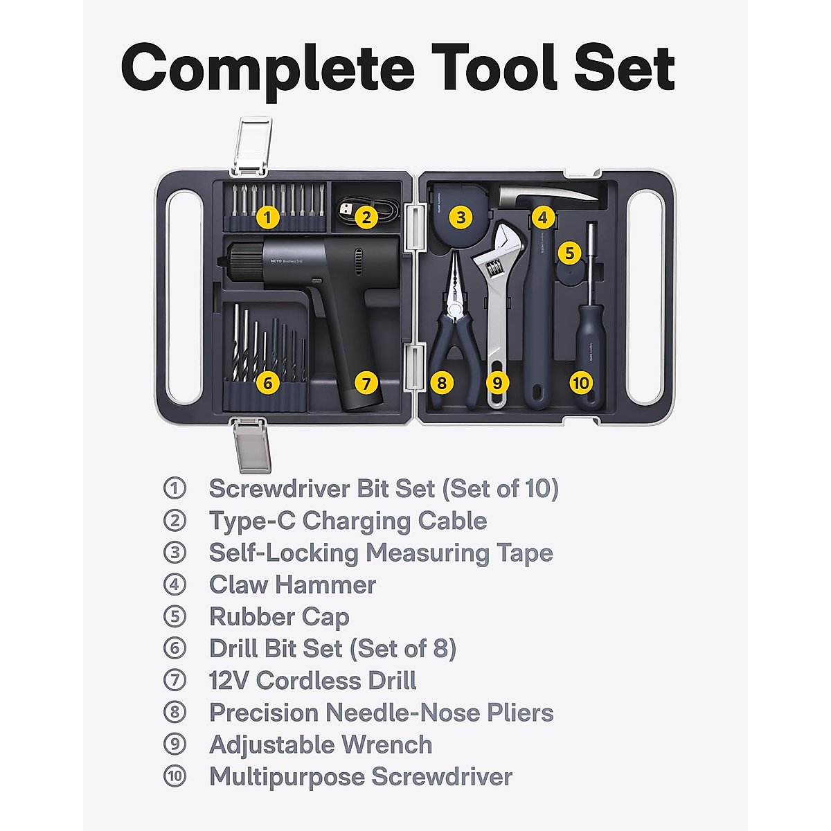 HOTO Cordless Brushless Drill Tool Set, Outstanding Appearance, Hidden Buckle, Unique LED Screen, Intelligent Digital Display, Safe, Exquisite & Practical, High-end Drill Kit for Home/Daily Use