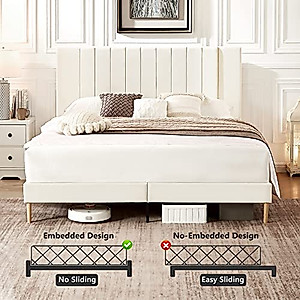 Flolinda Queen Size Platform Bed Frame with Velvet Upholstered Headboard and Wooden Slats Support, Fully Upholstered Mattress Foundation/No Box Spring Needed/Easy Assembly, Cream White