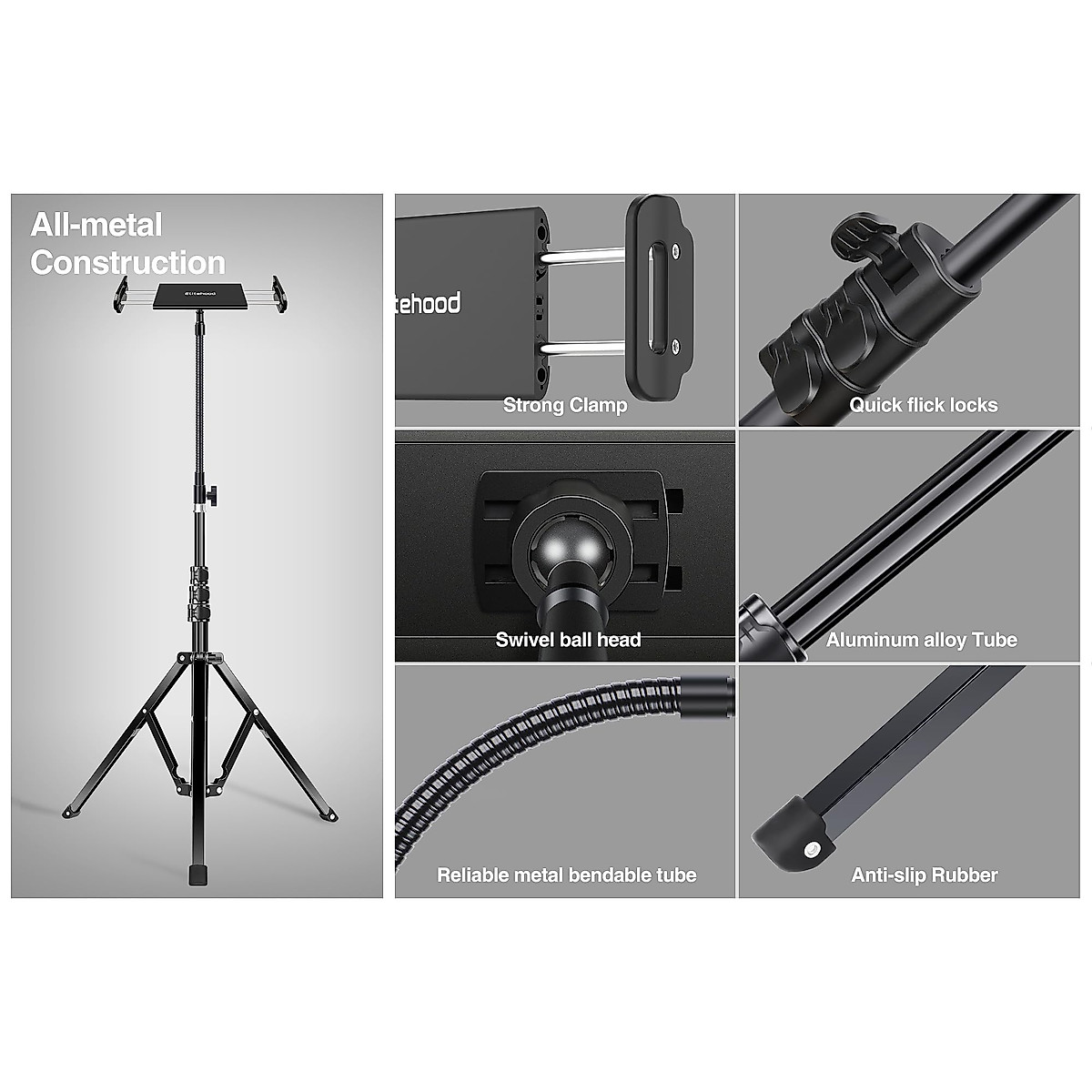 elitehood Tablet Floor Tripod Stand, Stronger Gooseneck iPad Tripod Stand, 72" Adjustable iPad Stand Holder for Stream/Watching, for iPad Pro 12.9, Mini, Air, iPhone and 4.7-13" Tablet and Cellphone