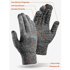 TRENDOUX Winter Gloves Women Men, Touchscreen Glove, Texting Smartphone Riding - Anti-Slip - Thermal Liners - Knitted Soft Material - Hands Warm Glove for Driving - Black Gray - L