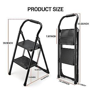 ASPERLAD Step Ladder Folding 2 Step Stool Adult with Wide & Anti-Slip Pedals Ergonomic Portable Steel Ladders for Household, Kitchen, Office 330LB