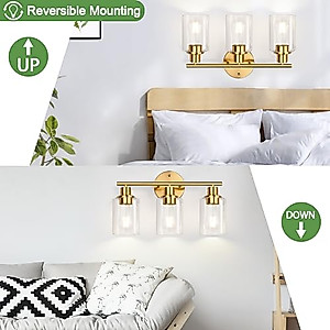 3-Light Gold Bathroom Light Fixtures, Modern Bathroom Vanity Light with Clear Glass Shade, Brushed Gold Bath Wall Mount Lights, Wall Lamp for Mirror Kitchen Bedroom Hallway Living Room Hallway