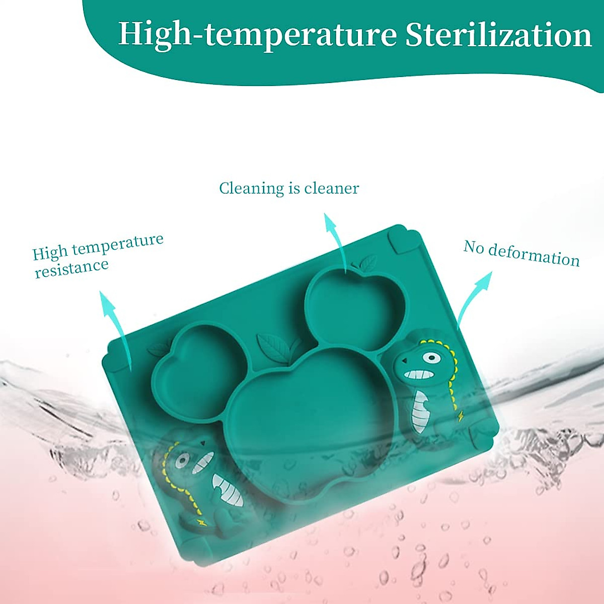 SFCCMM Toddler Baby Plates Silicone Divided Cartoon - Portable Non Slip Suction Toddler Plates for Children Baby and Kids Baby Dinnerware Eating Food Plates (Dinosaur Green)