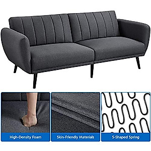 Topeakmart Sofa Bed Couch Sleeper Convertible Loveseat with Wood Legs Ribbed-Tufted Convertible Sofa Bed Linen-Upholstery for Small Space/Guest Room Gray