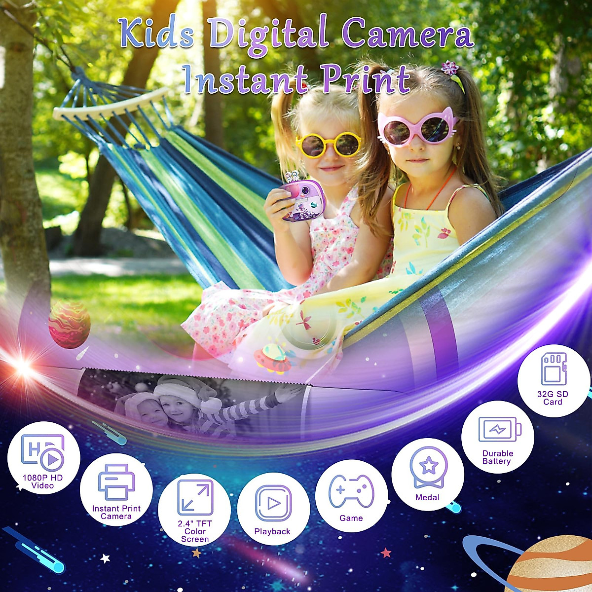 USHINING Kids Camera Instant Print, Selfie Digital Camera for Boys Girls Aged 3-12,1080P Kids Video Camera with 2.4" Screen, 32GB SD Card,Color Pens,Print Papers and Lanyard (Purple)