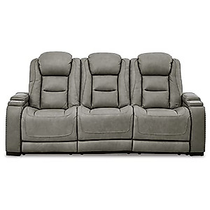 Signature Design by Ashley The Man-Den Leather Power Reclining Sofa with Adjustable Headrests & Wireless Charging, Gray