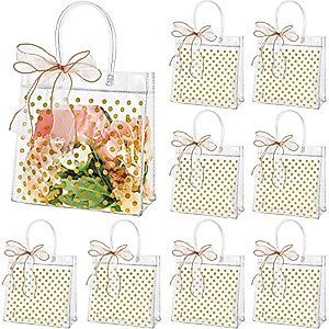 Amylove 50 Pcs Clear Plastic Gift Bags with Handle 7.9 x 7.9 x 3.2 Inches Wedding Gift Bags Polka Dots Gold Gift Bag Transparent Reusable Gift Bag PVC Bag for Wedding Birthday Baby Shower Party