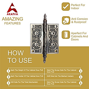 Akatva 164mm x 101mm x 12mm Brass Decorative Hinge Set - 1 Piece Gate Hinges for Wooden and Metal Fences, Doors, Cabinets - Brass Ball Bearing Hinge Hardware Kit - Antique Brushed Nickel Finish