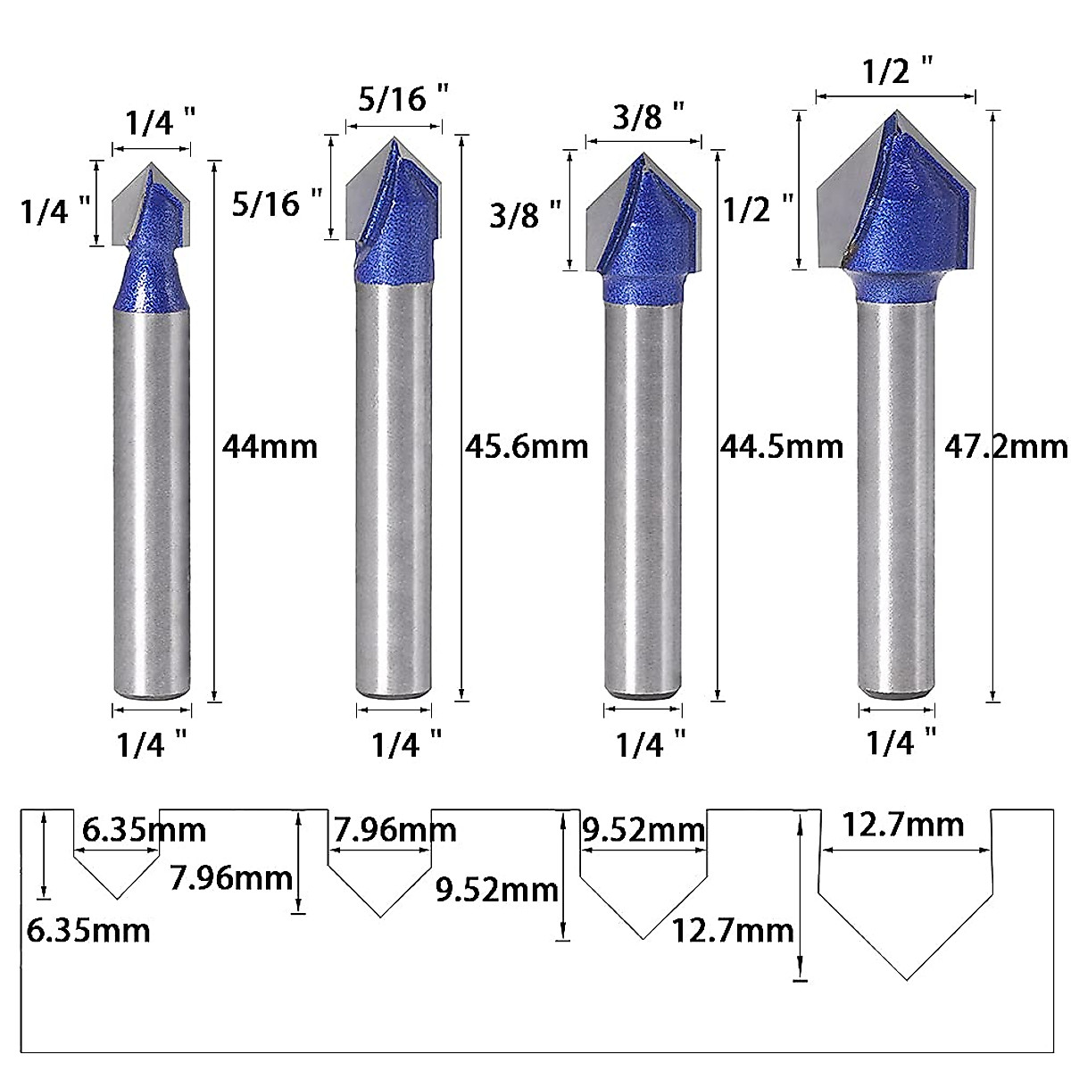 Wolfride 4PCS 90 Degree V Groove Router Bit 1/4-Inch Shank V Cut Router Bit Set