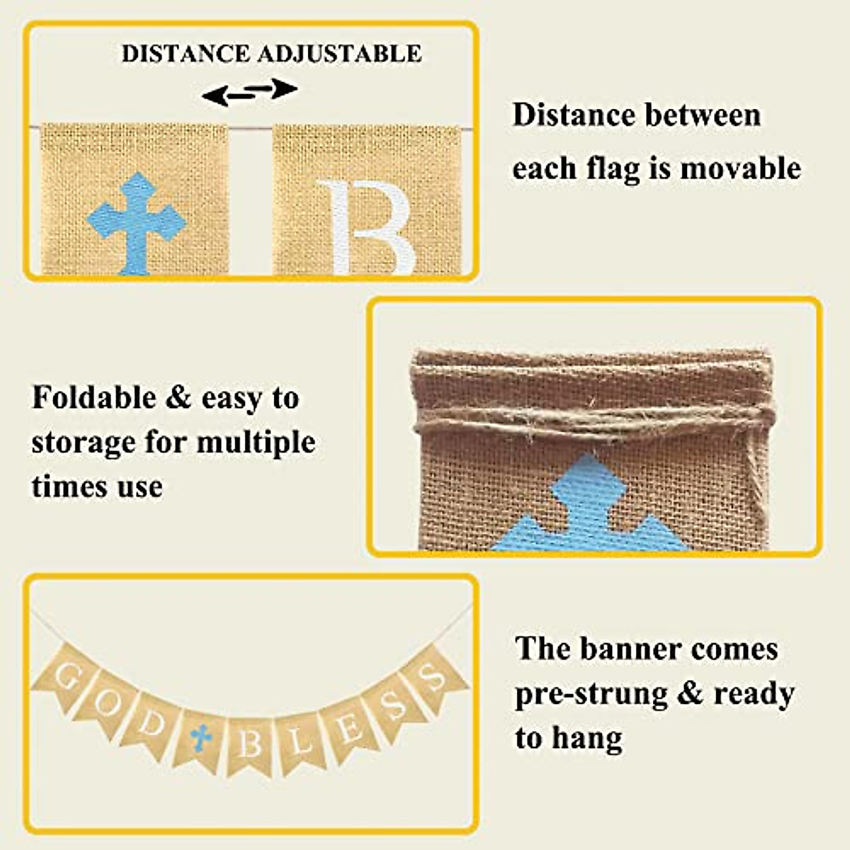 FAKTEEN God Bless Burlap Banner Baptism First Communion Decorations for Boys Confirmation Centerpiece Decor Baby Shower and Birthday Party Supplies