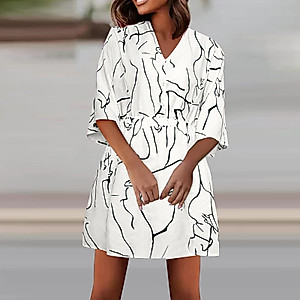 Long Sundresses for Women Women Casual Summer Dress V Neck Soild Color Three Quarter Sleeve Patchwork Beach Dress Sundr White