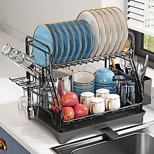 romision 2 Tier Dish Drying Rack, Large Dish Racks and Drainboard Set with Utensil Holder, Dish Drainer for Kitchen Counter, Black