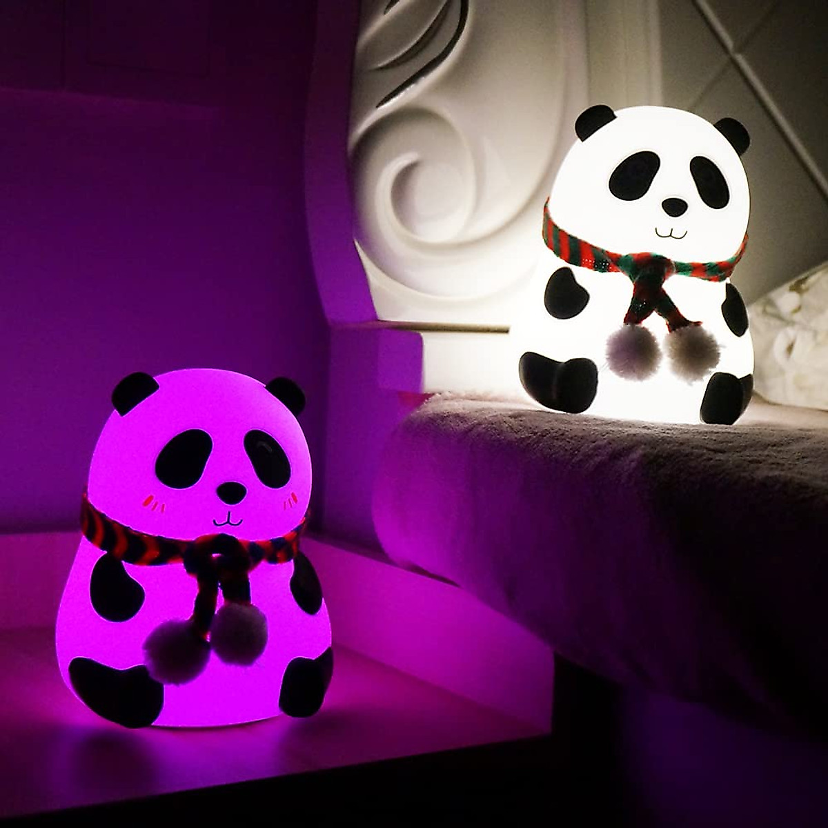 LED Kids Night Light Cute Nursing Night Light Non-Flickering Eye-Caring Lamp-USB Rechargeable, Touch Control, Multi-Color and Warm White Can be Switched, Fabulous Ideal Gift (Panda Round Eyes)