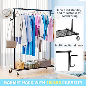 Ekisemio Clothing Garment Rack on Wheels, Heavy Duty Clothes Organizer with Bottom Mesh Shelf for Hanging Clothes, Side with 2 Hooks, Black