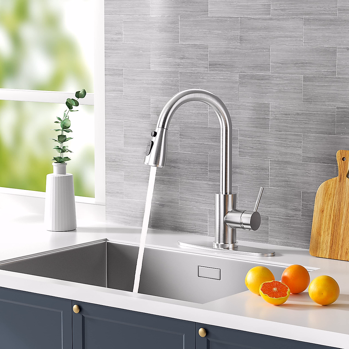 Kitchen Faucet with Pull-Down Spray Single Handle high arc Commercial Stainless Steel Brushed Nickel Kitchen Sink Faucet with Deck Suitable for bar Laundry RV Farmhouse (Brushed Nickel)