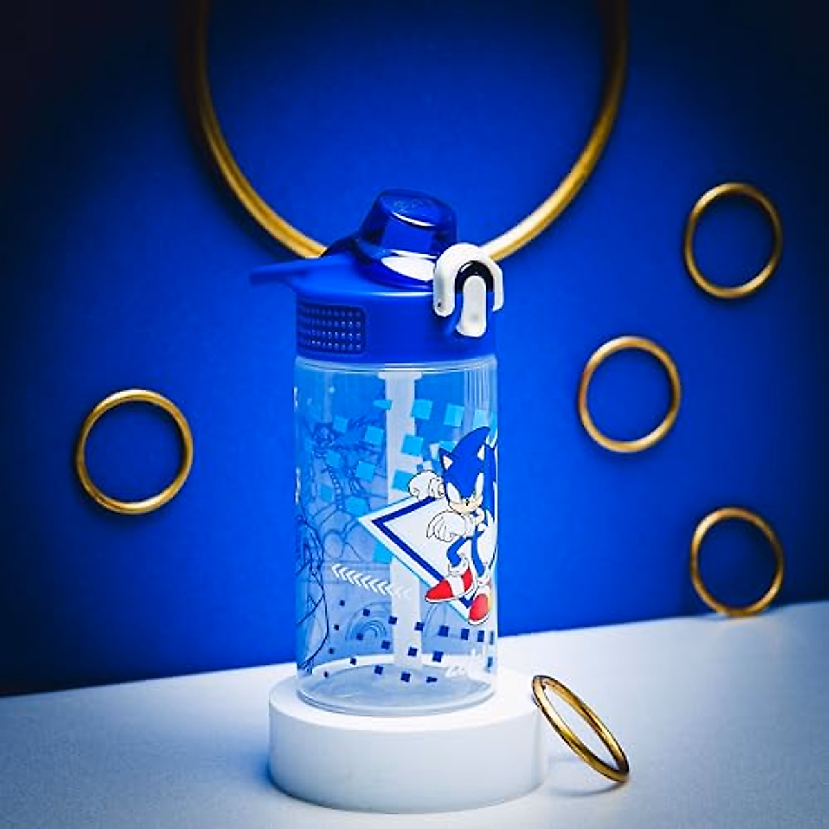 Zak Designs Sage Sonic the Hedgehog Water Bottle For School or Travel, 16oz Durable Plastic Water Bottle With Straw, Handle, and Leak-Proof, Pop-Up Spout Cover (Sonic, Eggman)