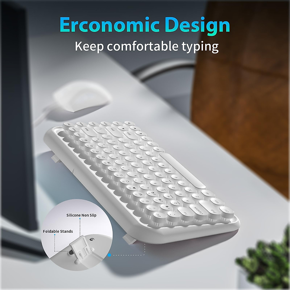 Wireless Bluetooth Keyboard, 2.4GHz Typewriter Retro Keyboard, 84 Keys Portable Office Computer Keyboard with 2xAA Batteries and Cute Floated Round Keycaps for Windows Android PC Laptop Mac iPad,White