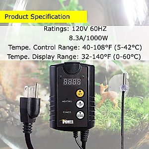 iPower GLHTMTCONTROL 40-108 Degrees Fahrenheit Digital Heat Mat Thermostat Controller for Seed Rooting Germination Reptiles, Fermentation and Brewing, 1000W-Black, Black