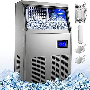 Commercial Ice Maker Machine with 33LB Bin, Electric Water Drain Pump, Water Filter, Scoops, Connection Hose - Makes 90-100LBS/24H - Stainless Steel Under Counter Ice Machine for Home Bar