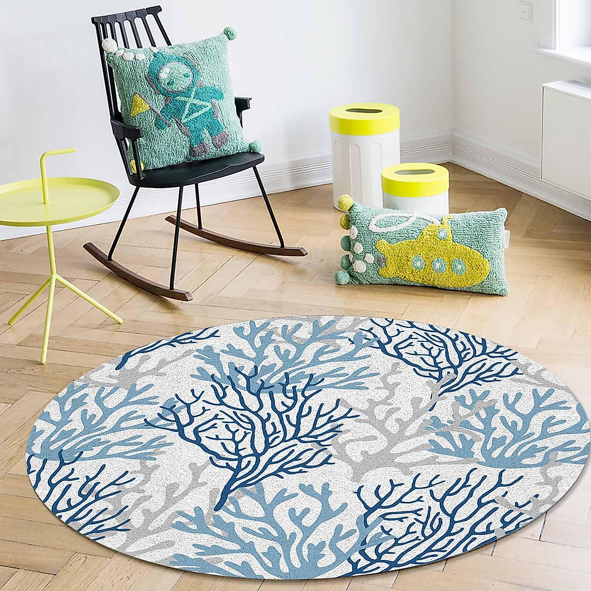 Huotupsine Navy Blue Coral Coastal Round Area Rugs, Summer Beach Non-Skid Children Playing Mat, Ocean Seaside Nautical 4ft Soft Circle Farmhouse Rugs for Living Room, Bedroom, Dining Room
