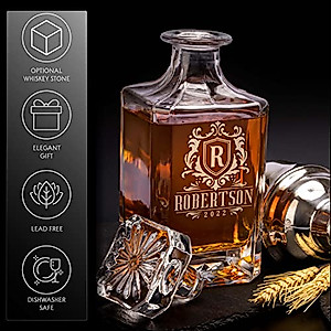 Personalized Whiskey Decanter Set - 5 Design Options - Custom Liquor 25 oz, 750ml Liquor Decanter w/Whiskey Glass Set Options, Birthday & Retirement Gifts for Men