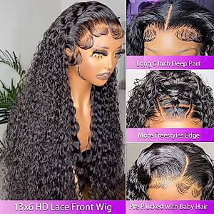 UPIGUILK 13x6 Deep Wave Lace Front Wigs Human Hair Pre Plucked HD Frontal for Black Women Curly Wig 180% Glueless with Baby Wet and Wavy 18 Inch
