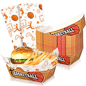 90 PCS Basketball Party Supplies 1.1lb 30 Basketball Paper Food Serving Tray Paper Food Holder Tray Disposable Paper Boat Paper Food Tray with 60 Deli Wrap Wax Paper Sheets for Basketball Party Favor