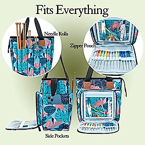 VICARKO Yarn Storage Tote, Knitting Bag, with Inner Dividers, Pockets for Crochet Hooks & Needles, 4 Grommet Holes, Project Storage, Zipper Closure Cover, Shoulder Bags, Hawaii Blue