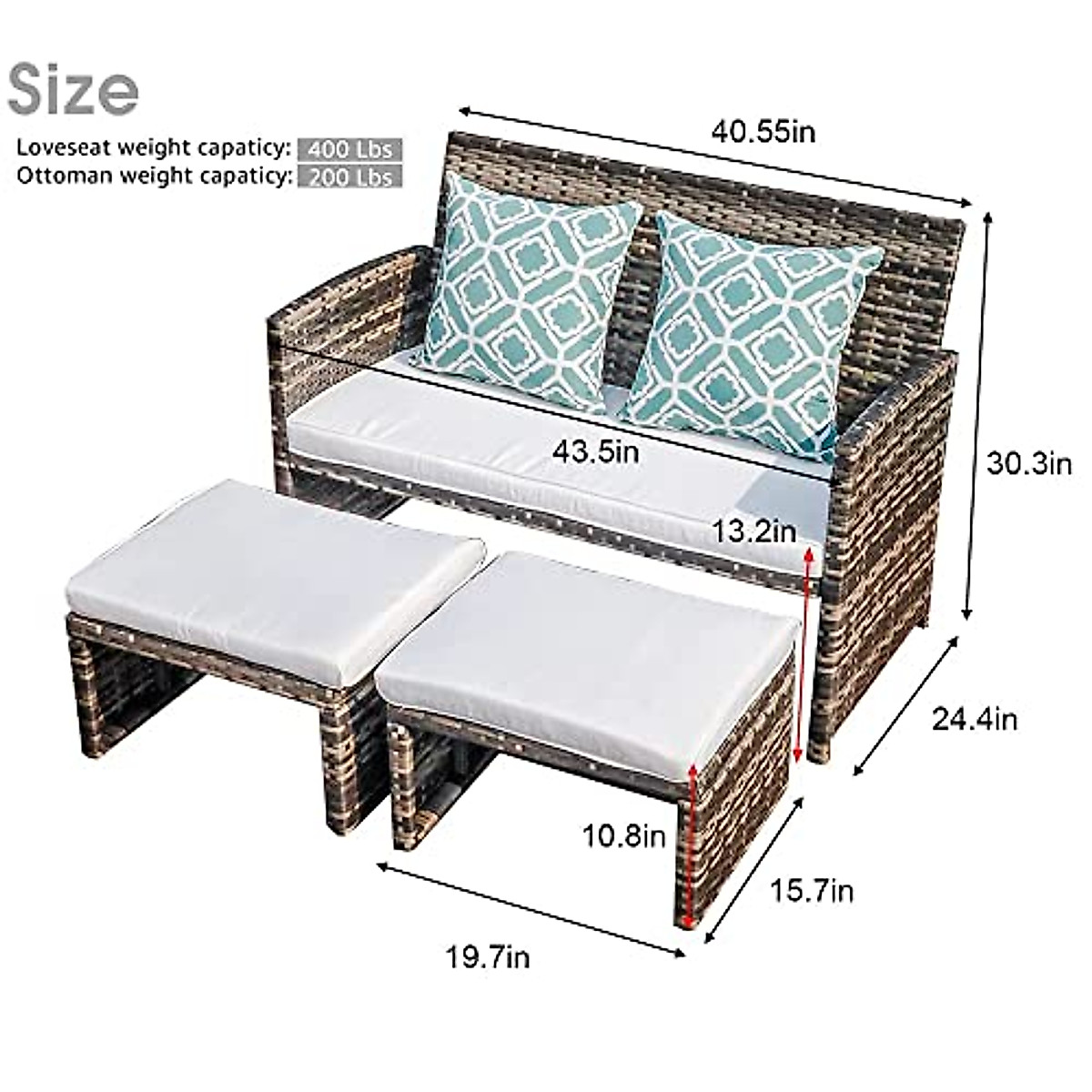OC Orange-Casual Outdoor Loveseat Patio Furniture Rattan Conversation Set with Ottoman, White Cushions, Grey Wicker, Pillows Included