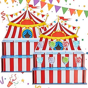 2 Pack Circus Tent Shaped Lollipop Stand 2 Tier Circus Lollipop Candy Stand 48 Suckers Dessert Table Display Set Carnival Theme Tent Design for Circus Birthday Party Favor Decoration Supplies